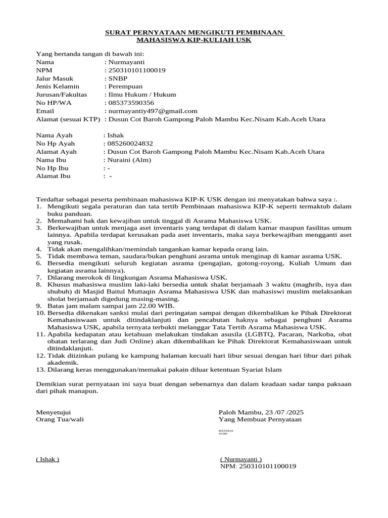 Surat Pernyataan Tinggal Di Asrama Mahasiswa Kipk 2025 Fix | PDF