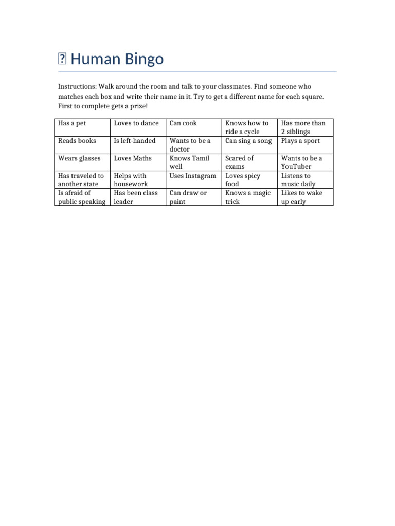 Human Bingo Sheet | PDF