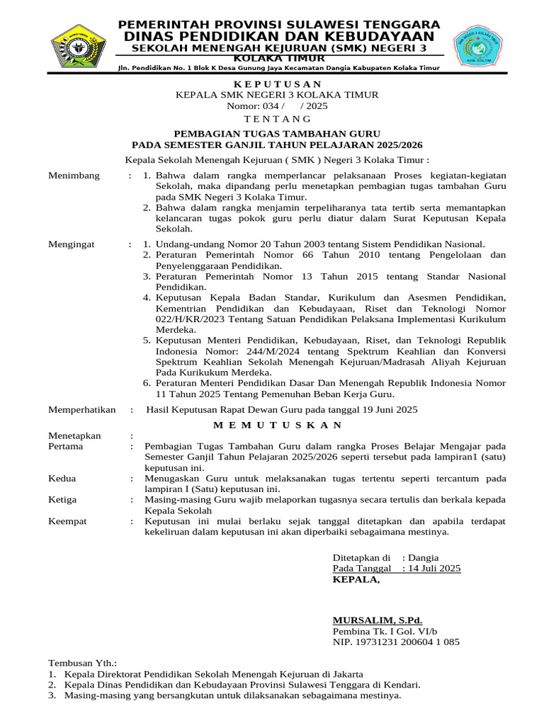 SK Tugas Tambahan Wakasek Ganjil 2025 | PDF