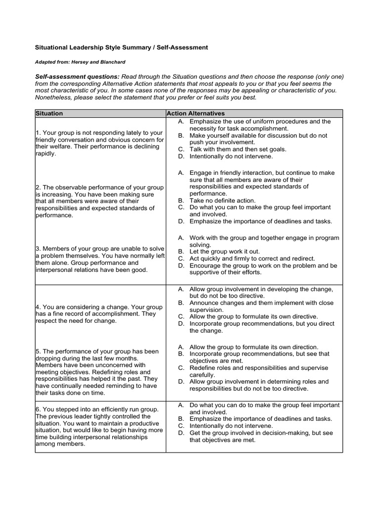Situational Leadership Self-Assessment Guide | PDF | Leadership ...