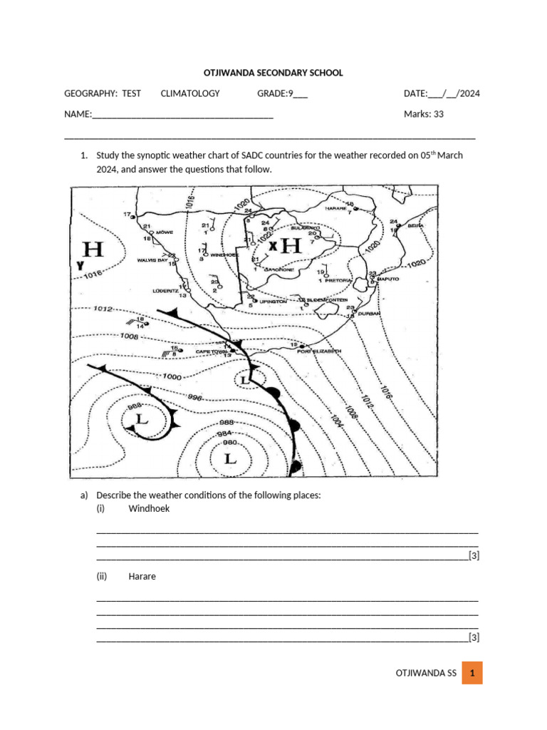 Grade 9 Climatology Test for Otjiwanda SS | PDF | Weather | Climate