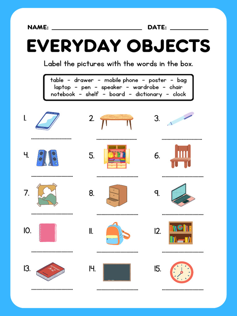 Everyday Objects Vocabulary Worksheet in Blue White Simple Style | PDF