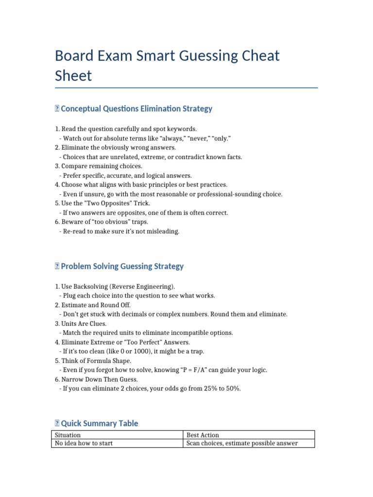 Board Exam Guessing Cheat Sheet | PDF