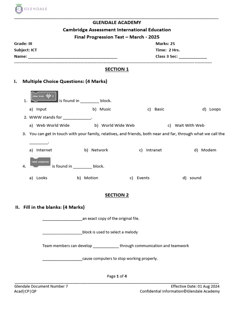 FPT CAIE Grade 3 Question Paper 2024 25 | PDF | Computing