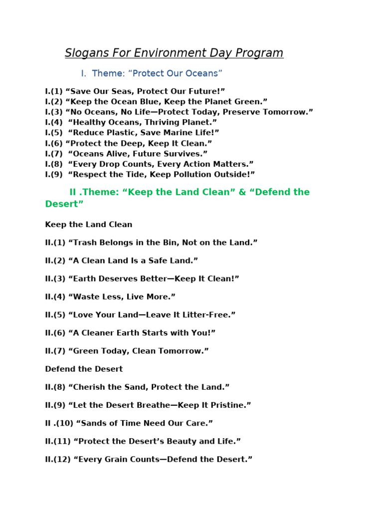 Slogans For Environment Day Program | PDF