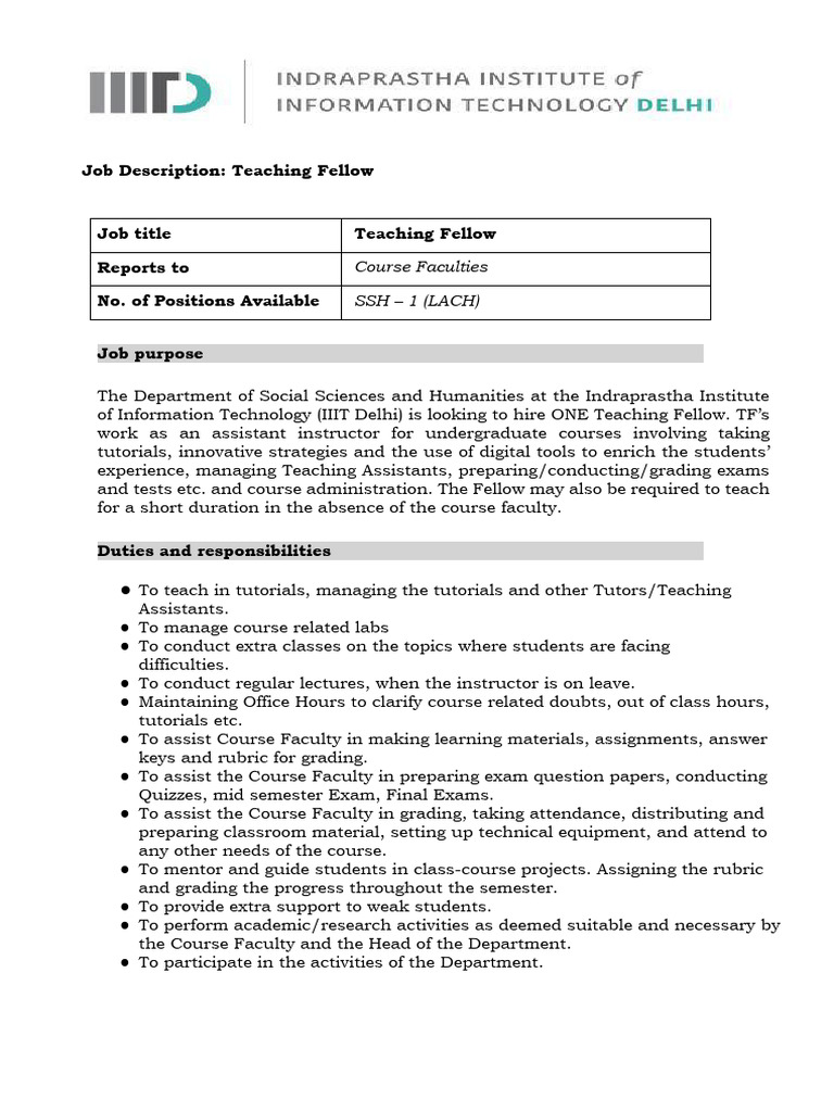 Teaching Fellow Advt - LACH11725 | PDF | Teaching Assistant ...