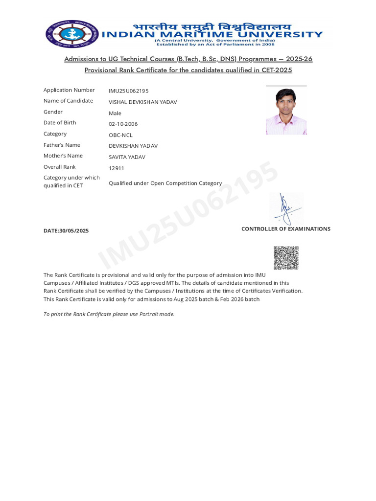 Imu25u062195 - Imu Cet 2025 - Rank Card | PDF