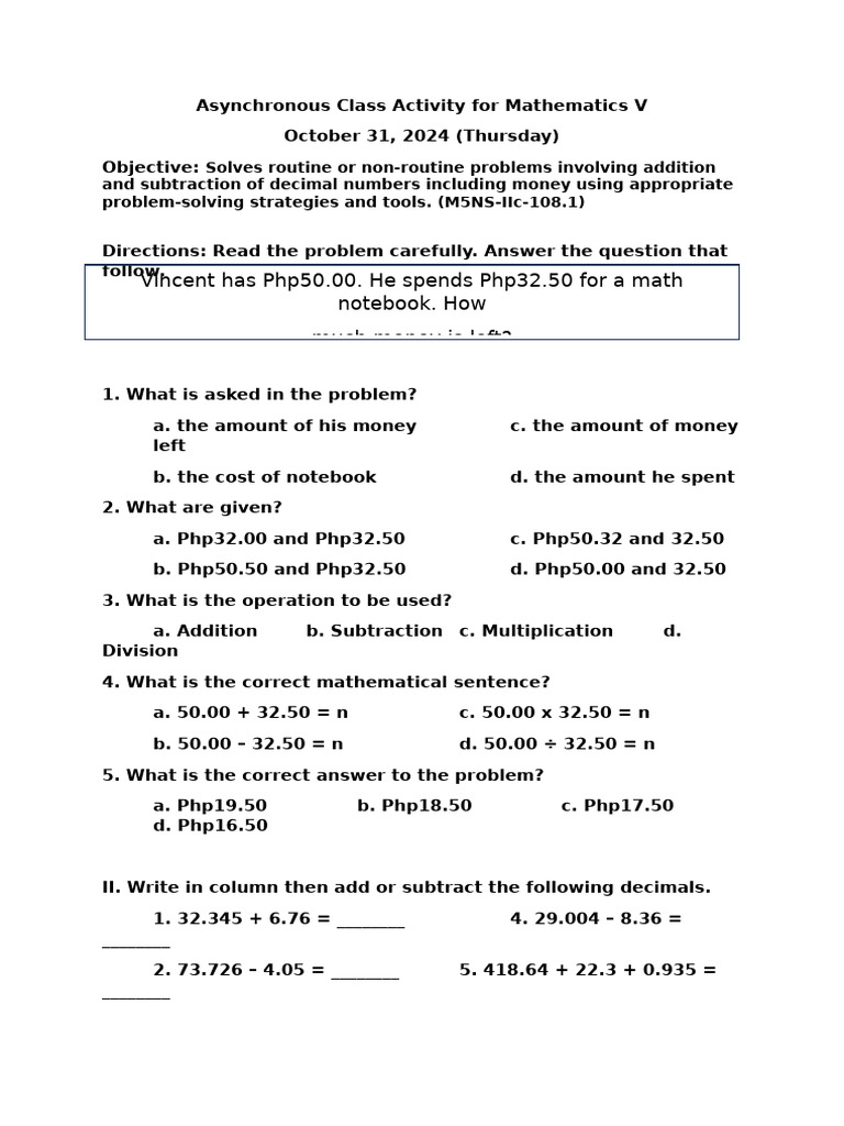 Asynchronous Class Activity For Mathematics V | PDF