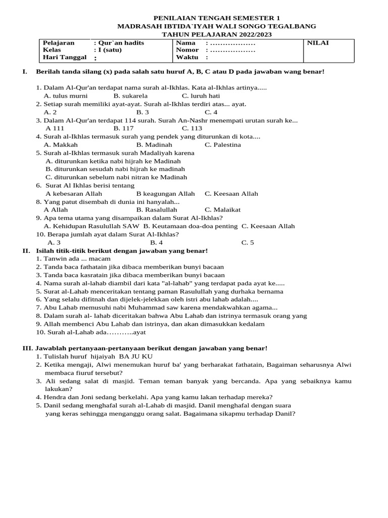 Soal PTS KLS 1 | PDF