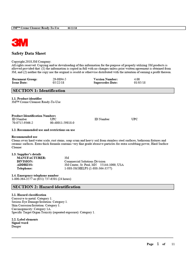 3M Creme Cleanser Safety Data Sheet | PDF | Waste | Hazardous Waste