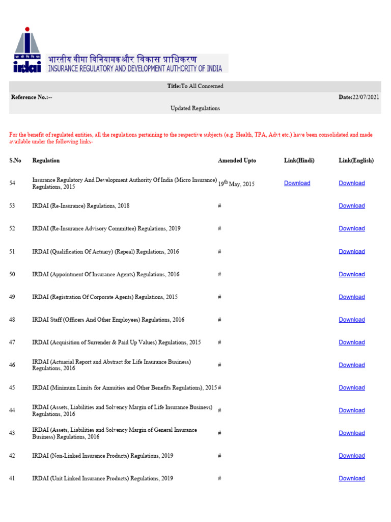 Updated IRDAI Regulations Overview | PDF | Insurance | Regulation