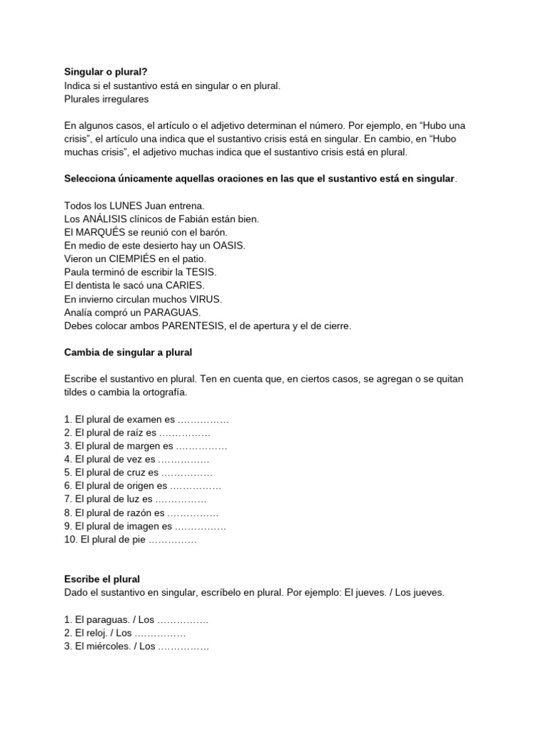 Singular y plural en español: guía práctica | PDF | Plural | Adjetivo