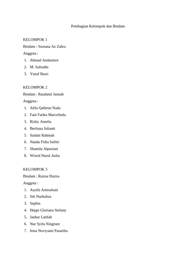 Pembagian Kelompok Dan Bindam | PDF