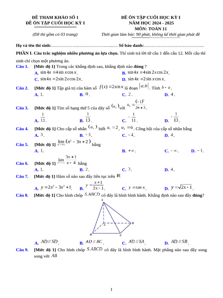 10 Đề Ôn Tập Chki - Toán 11 - 2024-2025 | PDF