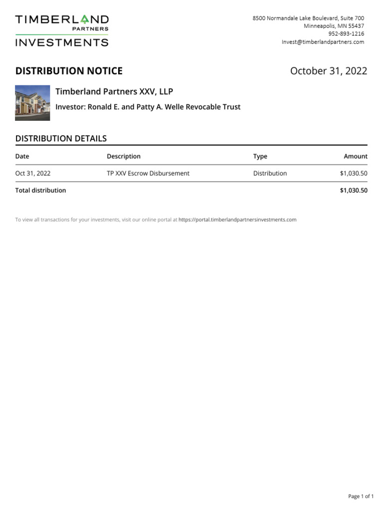 TP XXV Escrow Disbursement Notice - Ronald E. and Patty A. Welle ...