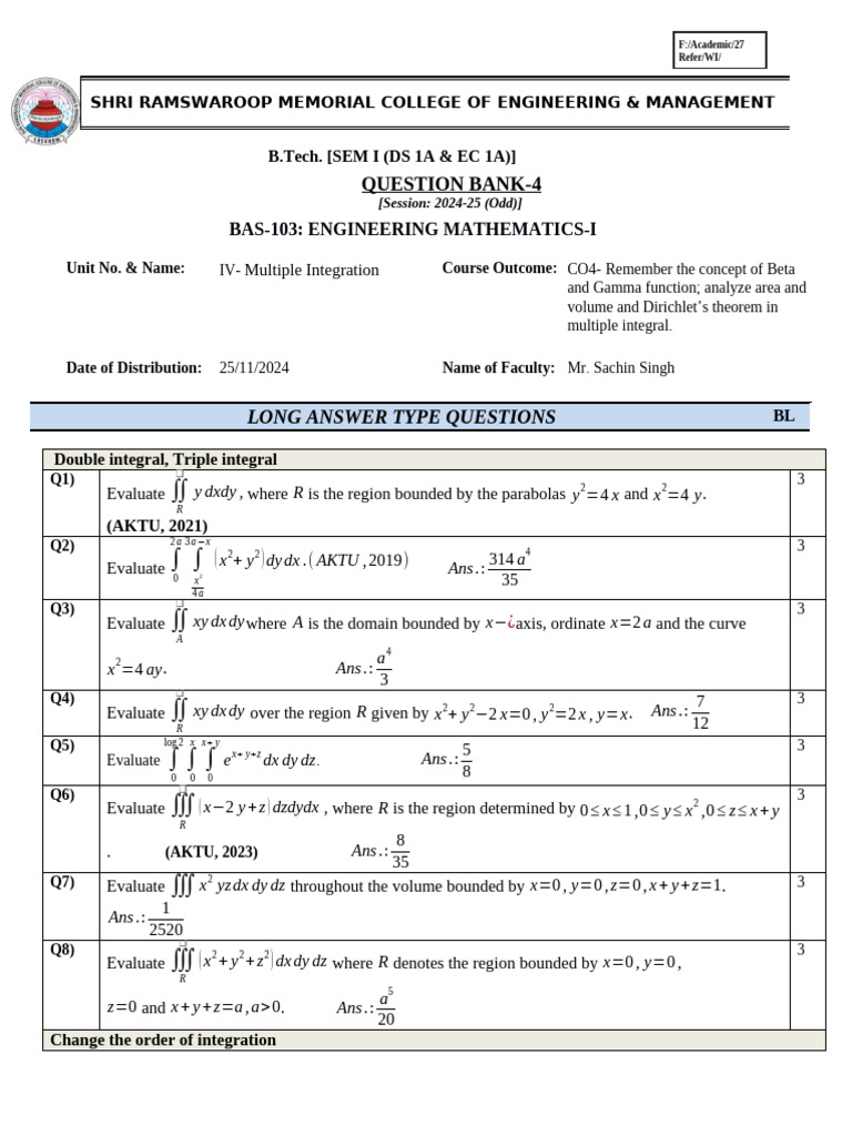 Mathematics - QB - 4 - BAS 103 - Mr. Sachin Singh | PDF | Area | Mathematical Analysis