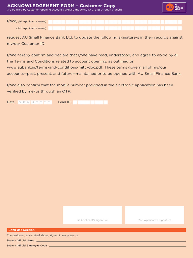 AU Bank Customer Acknowledgement Form | PDF