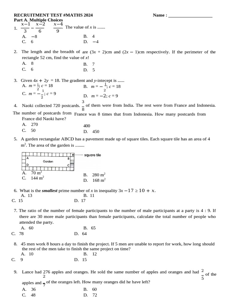 Recruitment Test Maths 2024 | PDF | Mathematical Concepts | Elementary ...