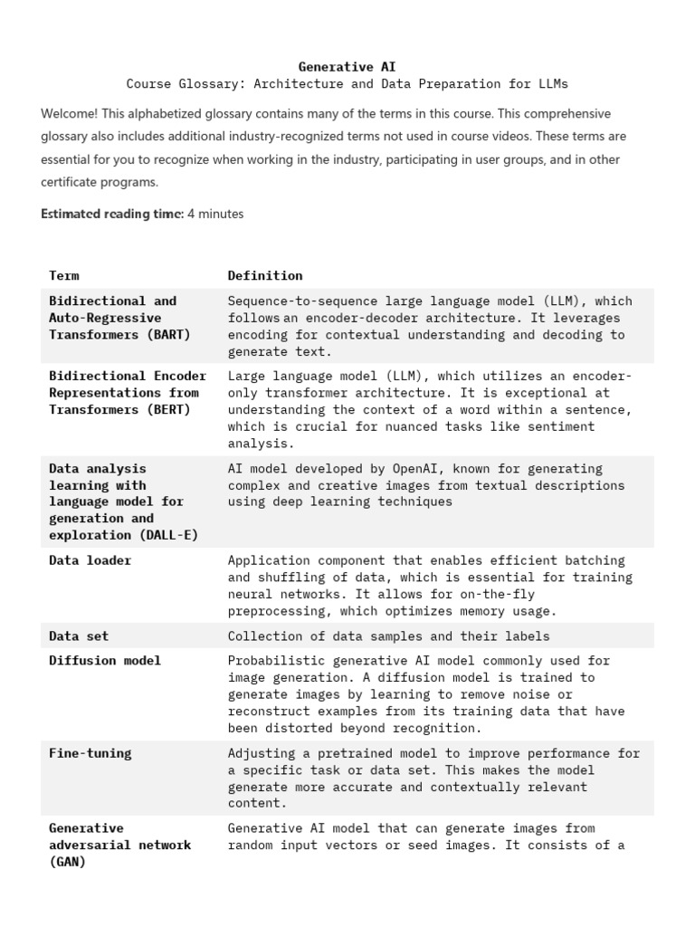 Course1 Glossary Architecture and Data Preparation For LLMs | PDF | Artificial Intelligence ...