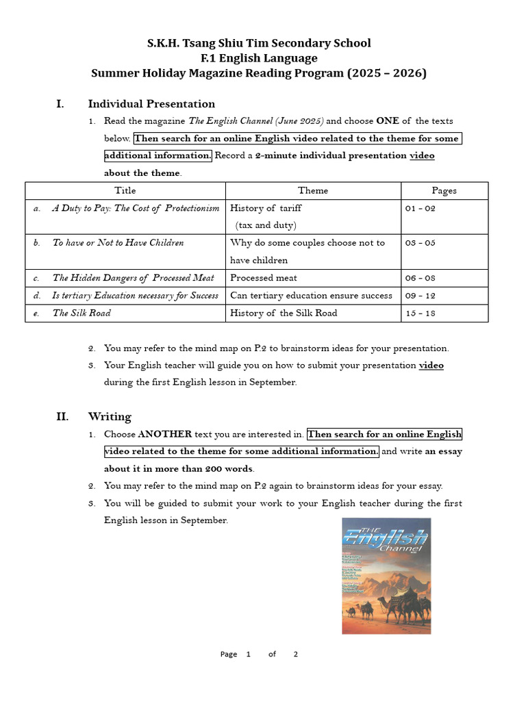 F.1 To F.2 English Summer Holiday Assignments (25-26) | PDF | Human ...