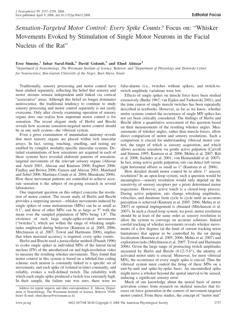 Simony Et Al 2008 Sensation Targeted Motor Control Every Spike Counts ...