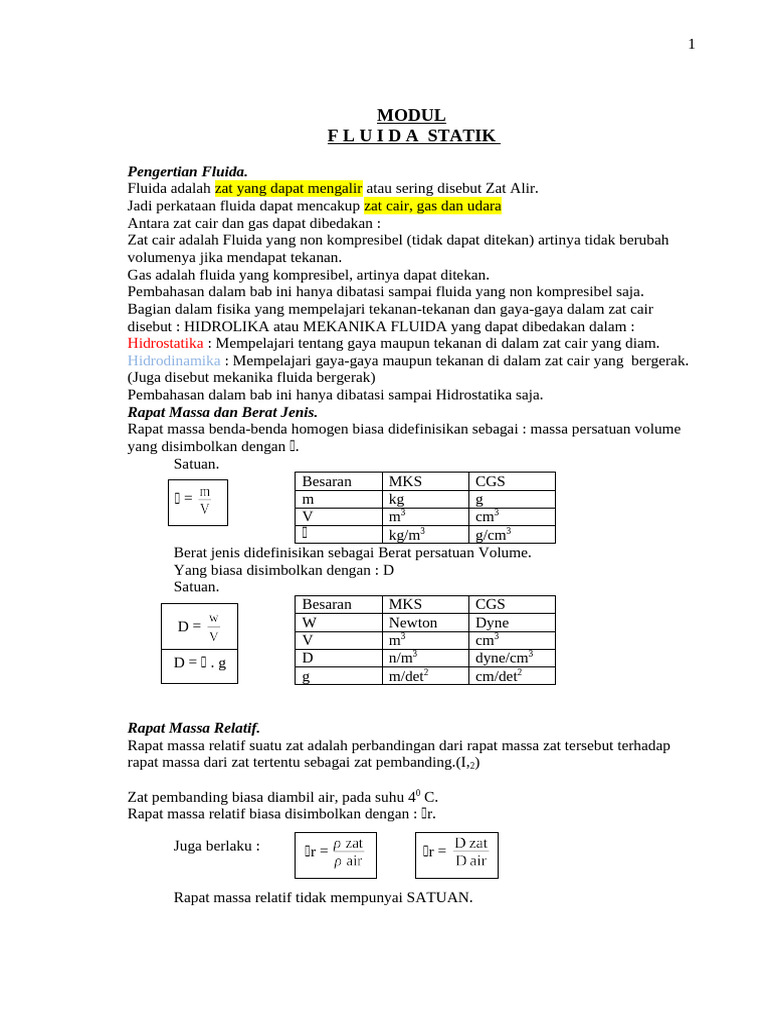 Dasar-Dasar Hidrostatika dan Fluida | PDF