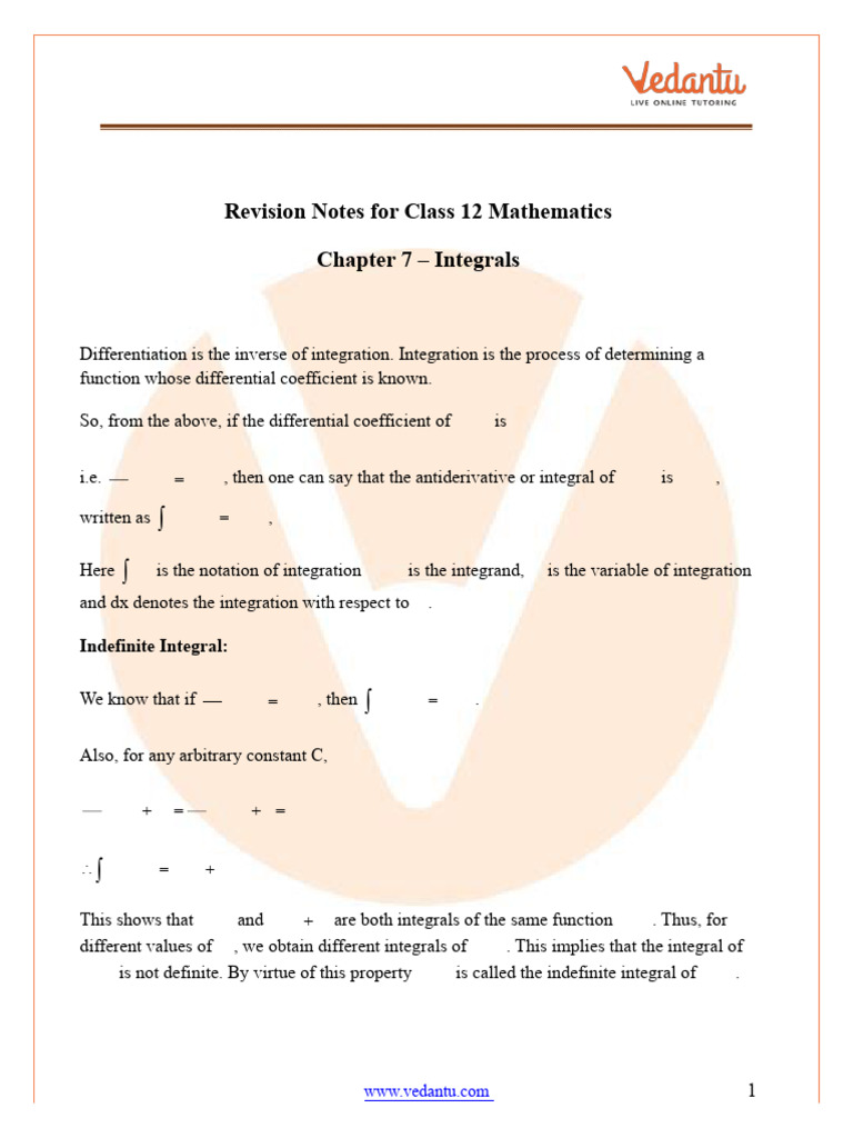 Class 12 Integration Revision Notes | PDF | Integral | Calculus