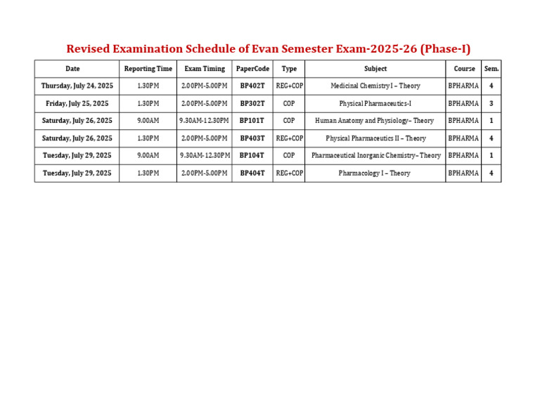 B.Pharmacy Exam Schedule 2025-26 | PDF