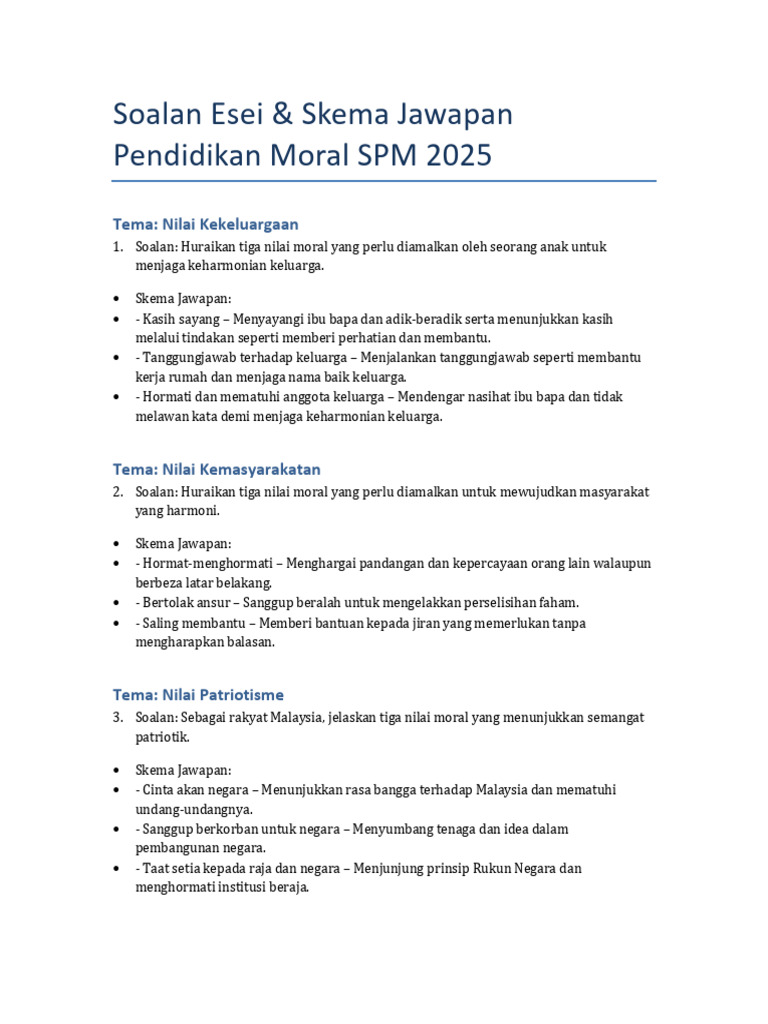 Soalan Esei SPM Pendidikan Moral 2025 | PDF