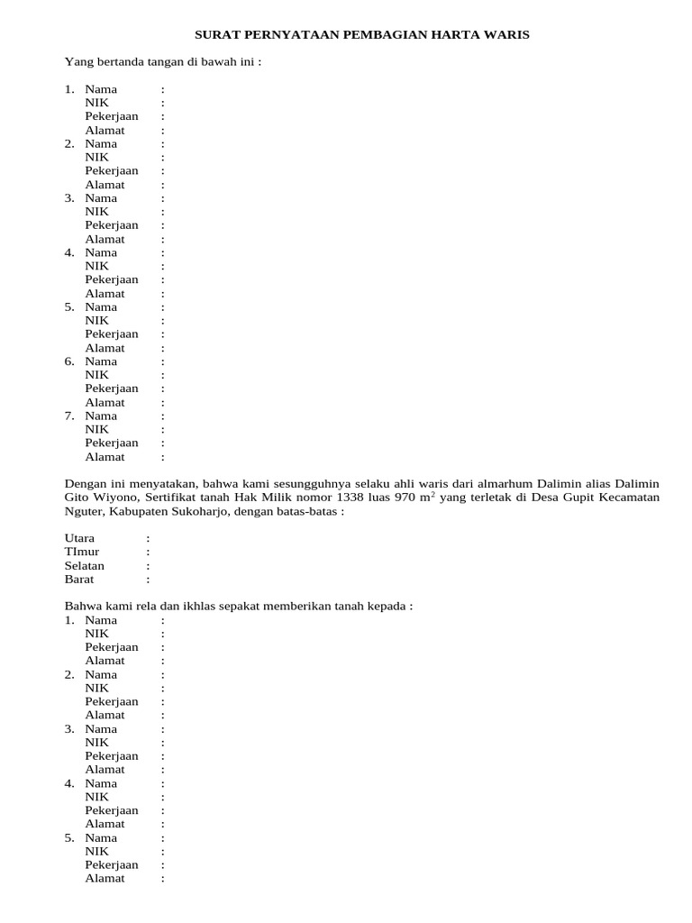 Surat Pernyataan Pembagian Harta Waris | PDF