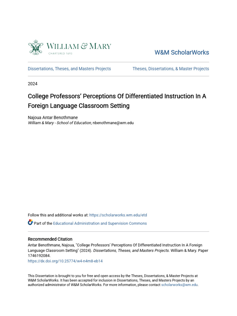 College Professors Perceptions of Differentiated Instruction in A Foreign Language Classroom ...