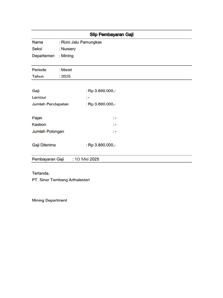 Slip Pembayaran Gaji Rizki Jalu 1 | PDF
