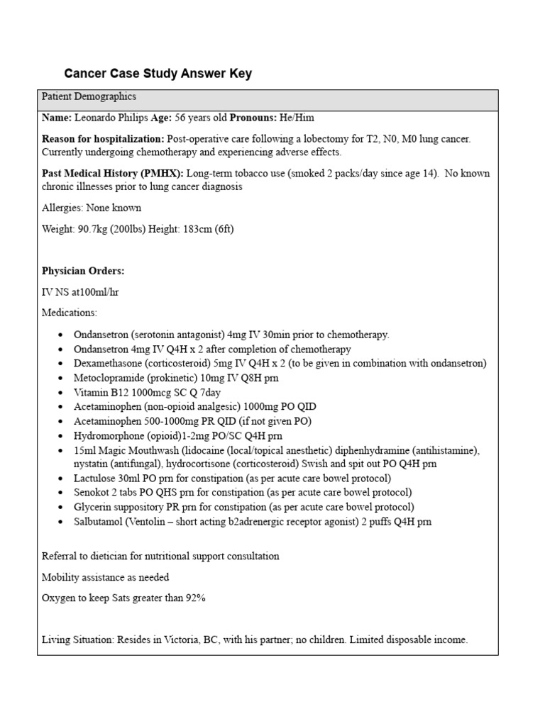 Cancer Case Study Answer Key | PDF | Nausea | Dehydration