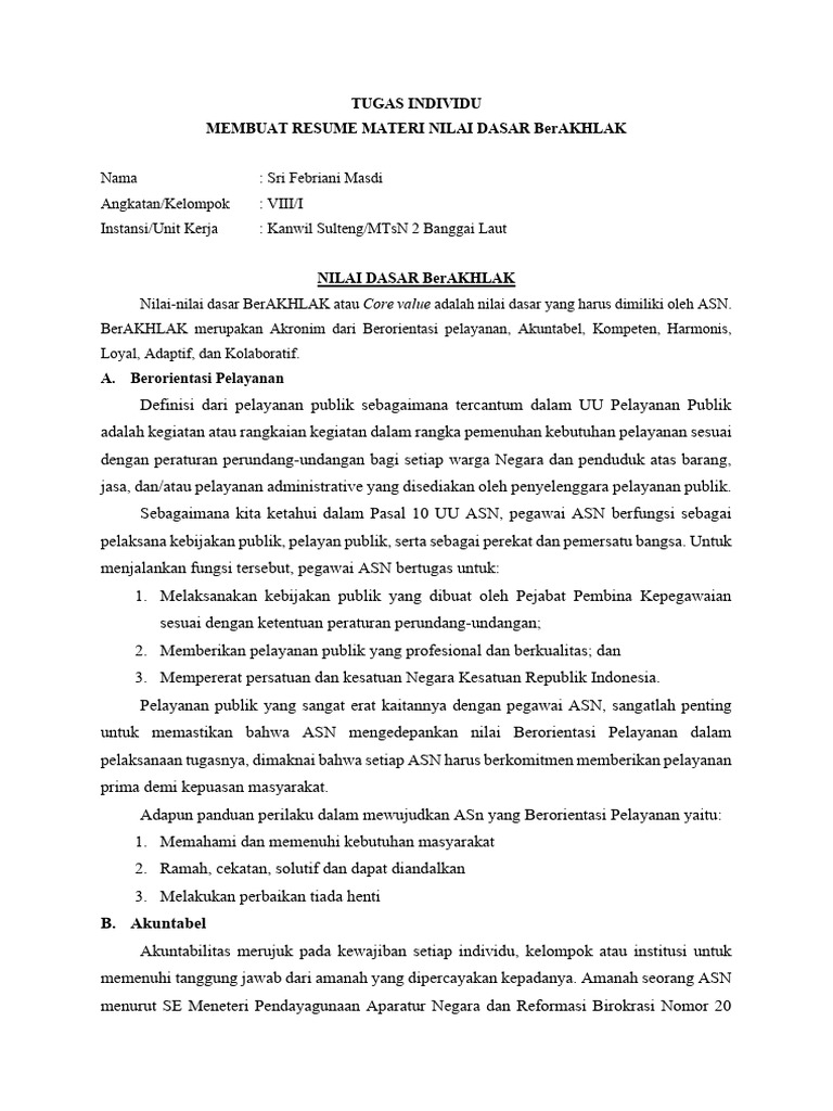 Tugas Individu Agenda 2 Resume Materi Nilai-Nilai Dasar Berakhlak | PDF