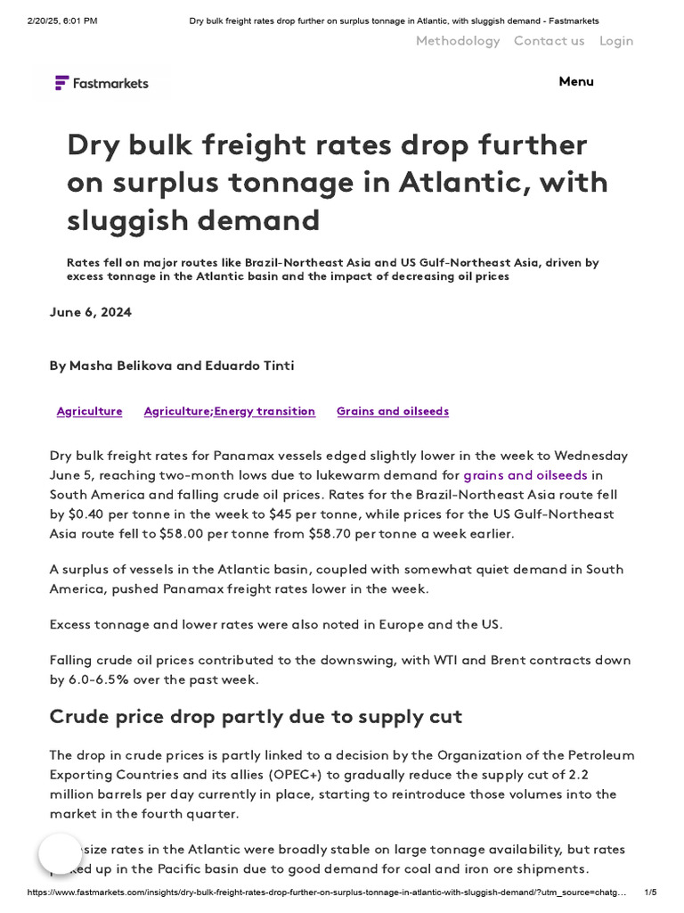 Dry Bulk Freight Rates Decline in Atlantic | PDF | Cargo | Price Of Oil