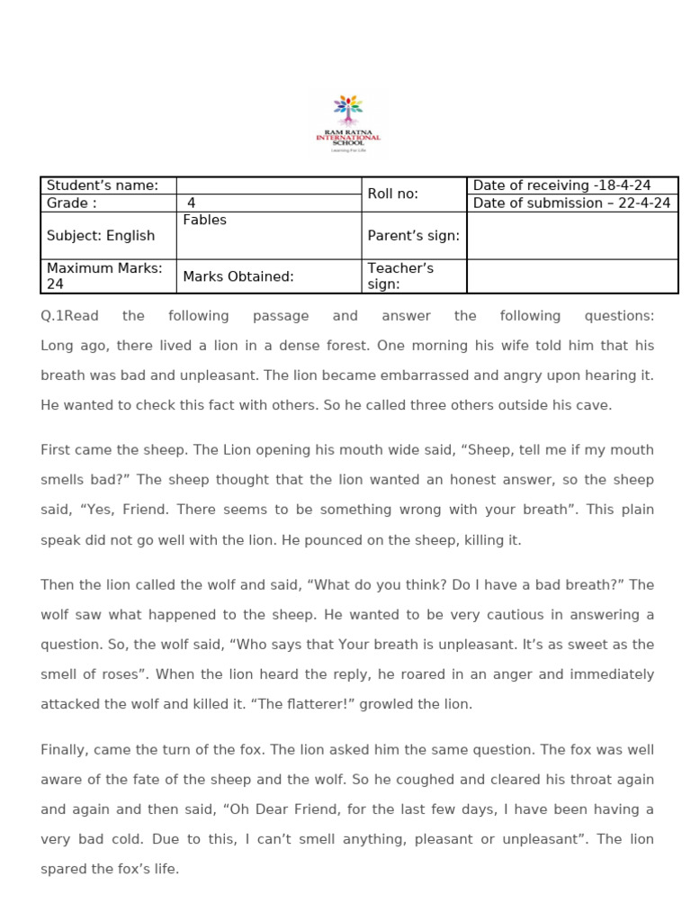 Fables Comprehension Worksheet April Greg Sir | PDF
