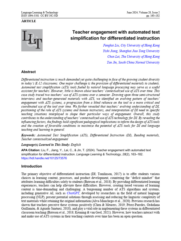 Teacher Engagement With Automated Text Simplification For Differentiated Instruction | PDF ...