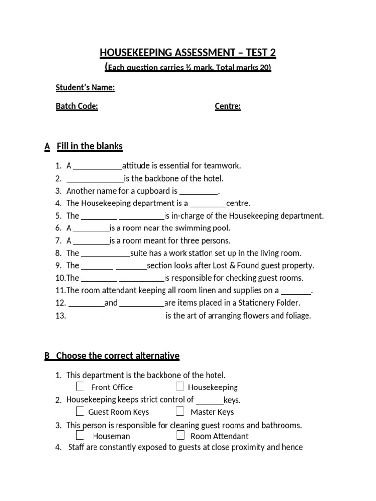 Housekeeping Assessment Test - 2 | PDF | Housekeeping