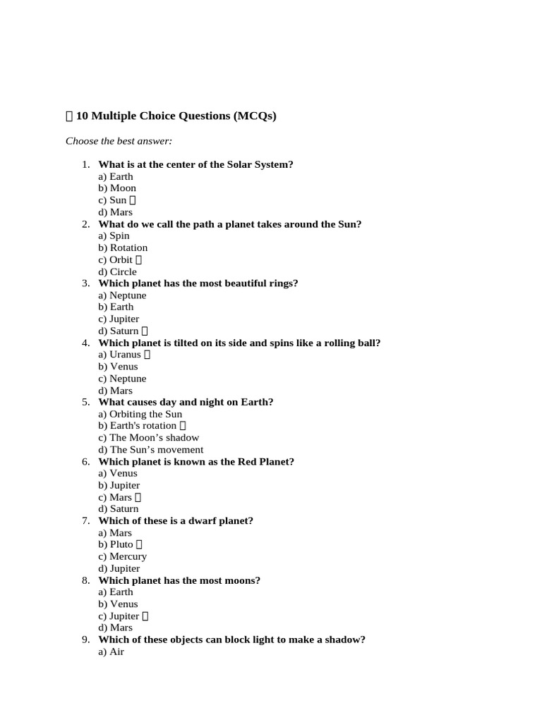Solar System Quiz: MCQs & Answers | PDF