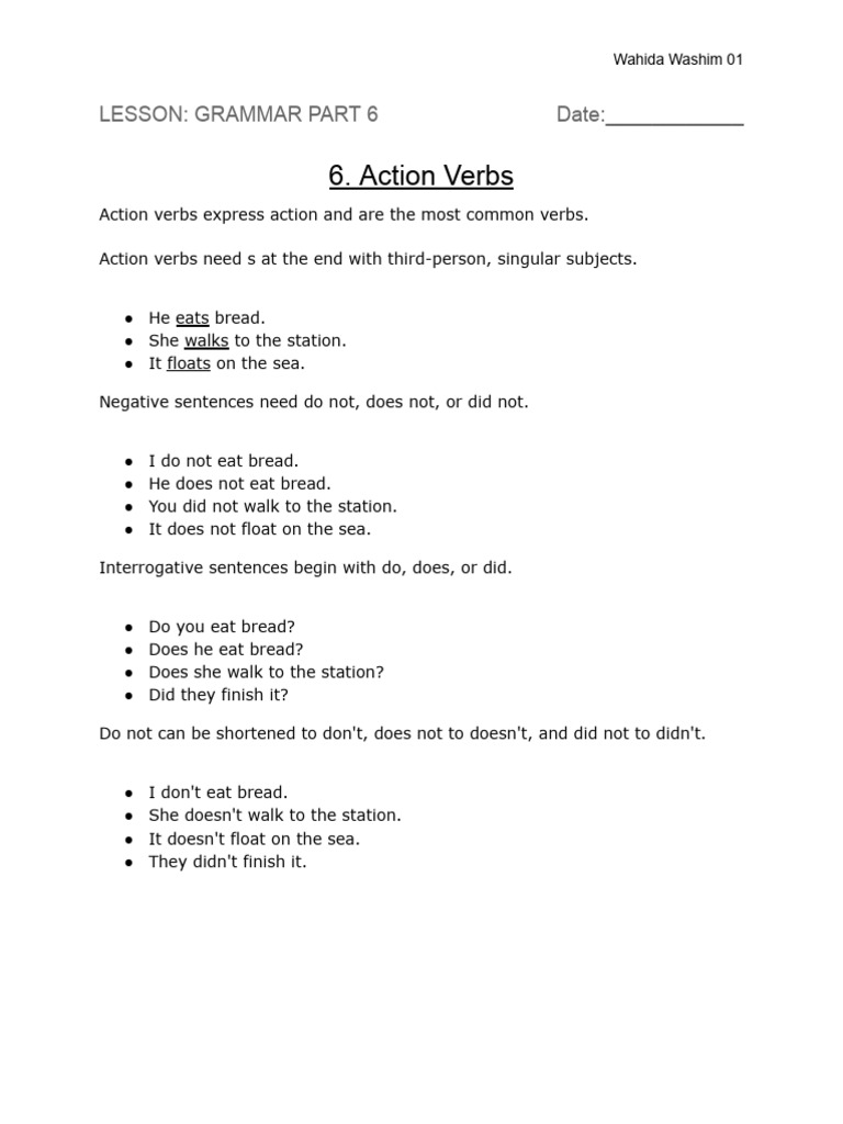 LESSON - GRAMMAR - P6 - Action Verbs | PDF