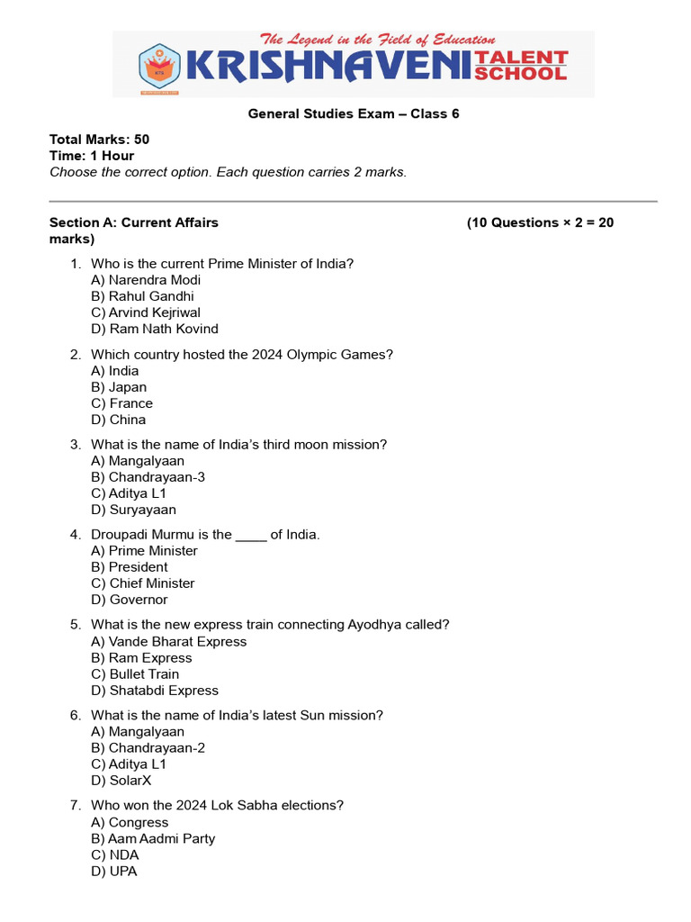Class 6 General Studies Exam Guide | PDF | Politics Of India ...