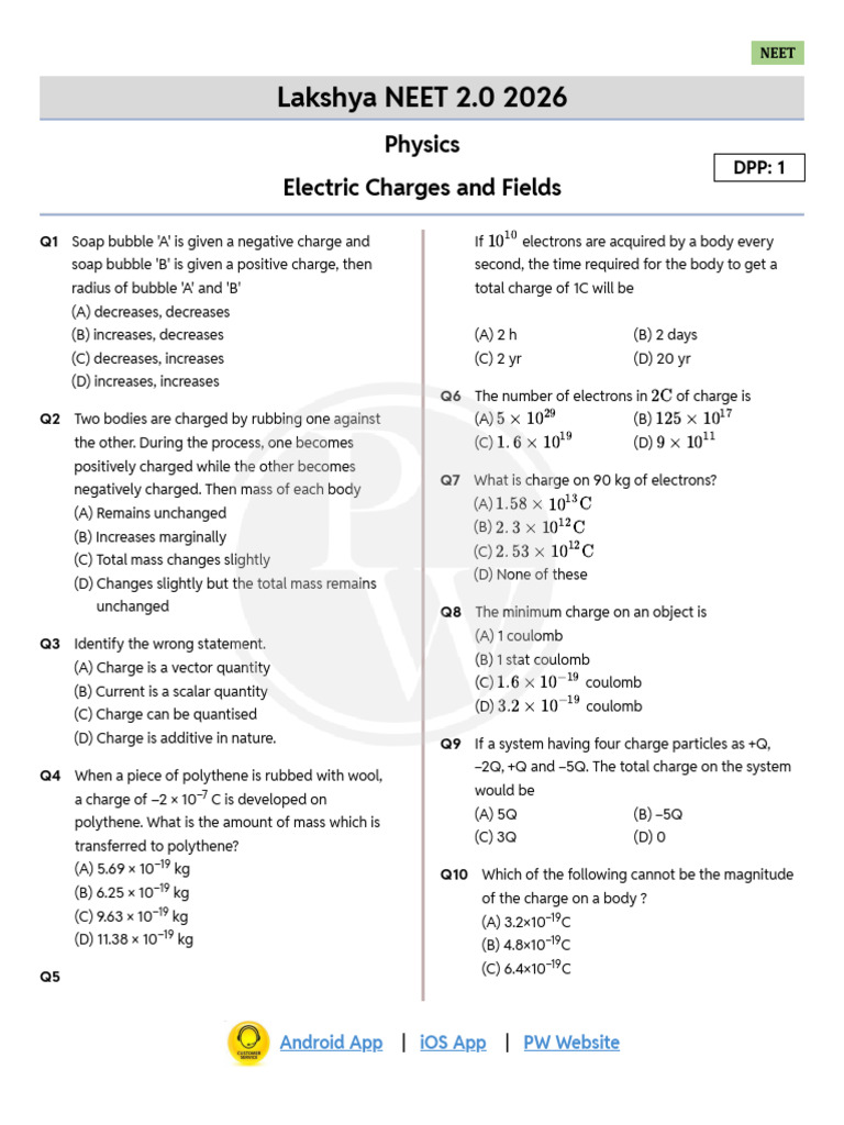 Electric Charges and Fields - DPP 01 (Of Lec 03) - Lakshya NEET 2.0 2026 | PDF | Electric Charge ...