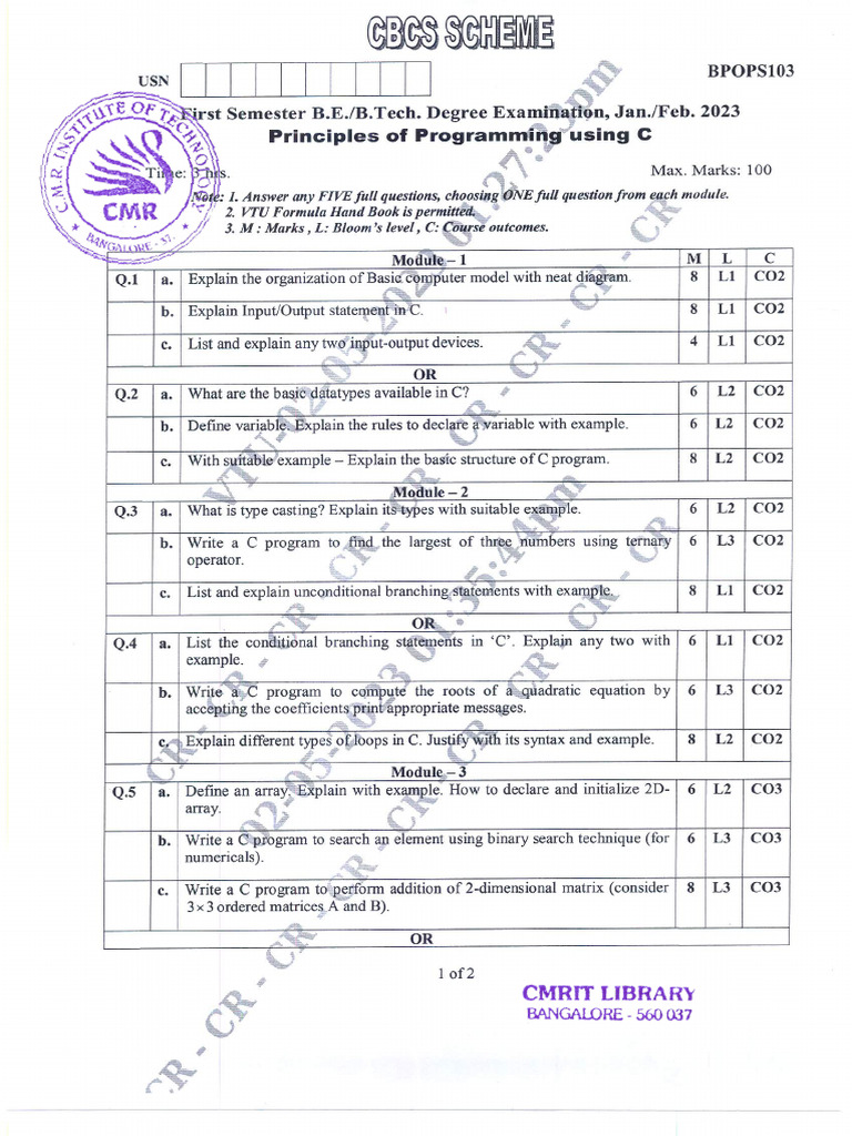 VTU Question Paper of BPOPS103 Principles of Programming Using C Jan ...