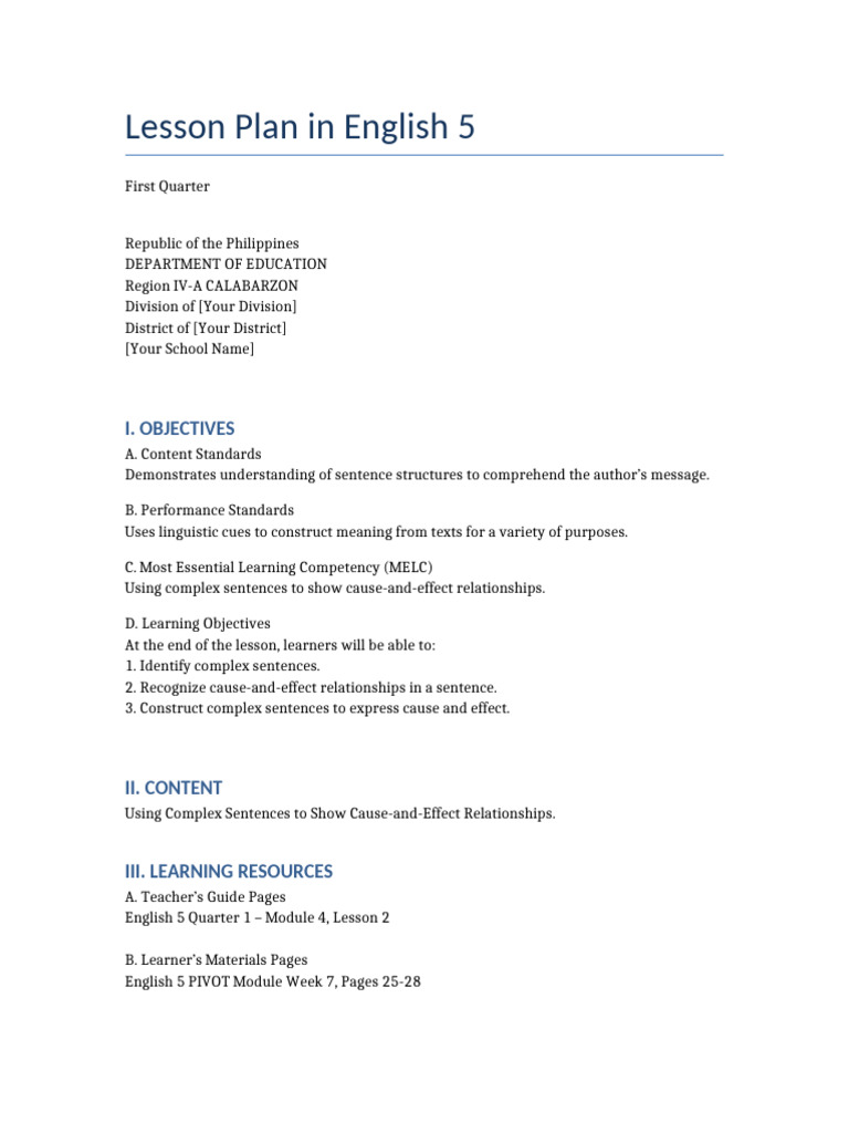 Lesson Plan English5 Complex Sentences | PDF | Learning | Sentence ...