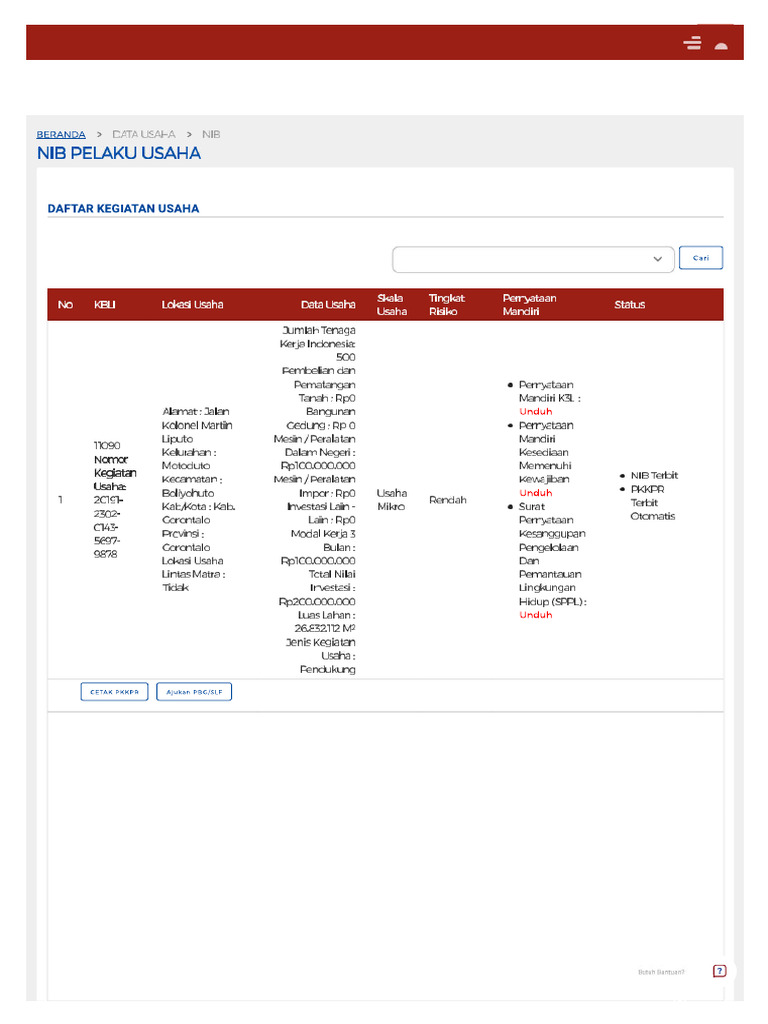 Data Usaha - Nib - Oss Rba | PDF