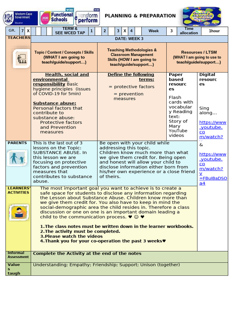 Lesson Plan GET SP Grade 7 Life Orientation Term 3 Week 3 | PDF | Substance Abuse | Cognition
