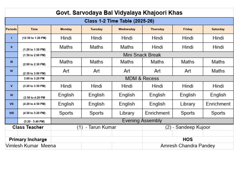 Class 1-2 Time Table 2025-26 | PDF