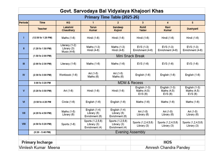Primary Time-Table 2025-26 (Updated) | PDF