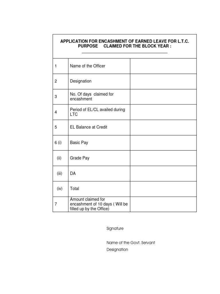 LTC Leave Encashment Application Form | PDF