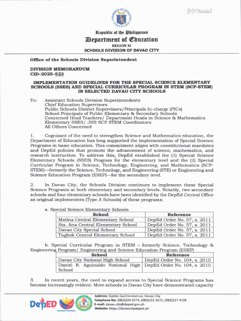 Cid-2025-Dm No. 523 - Implementation Guidelines For The Special Science Elementary Schools (Sses ...